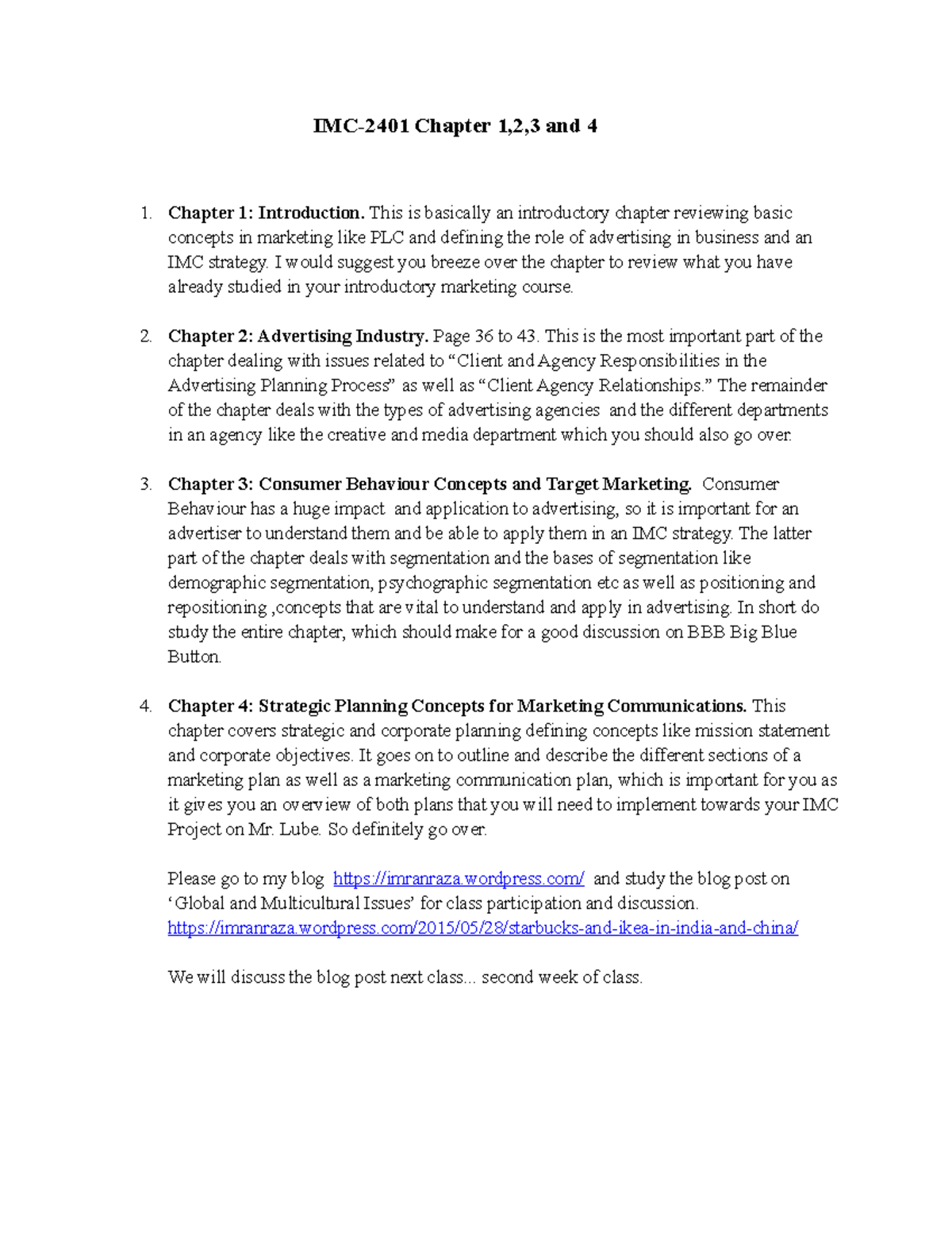 IMC Chapter 1,2,3 and 4 - assignments - IMC-2401 Chapter 1,2,3 and 4 1. Chapter 1: Introduction ...