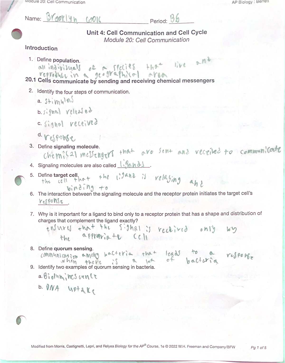 Unit 4 Cell Communication and Cell Cycle - Define all individuals ...