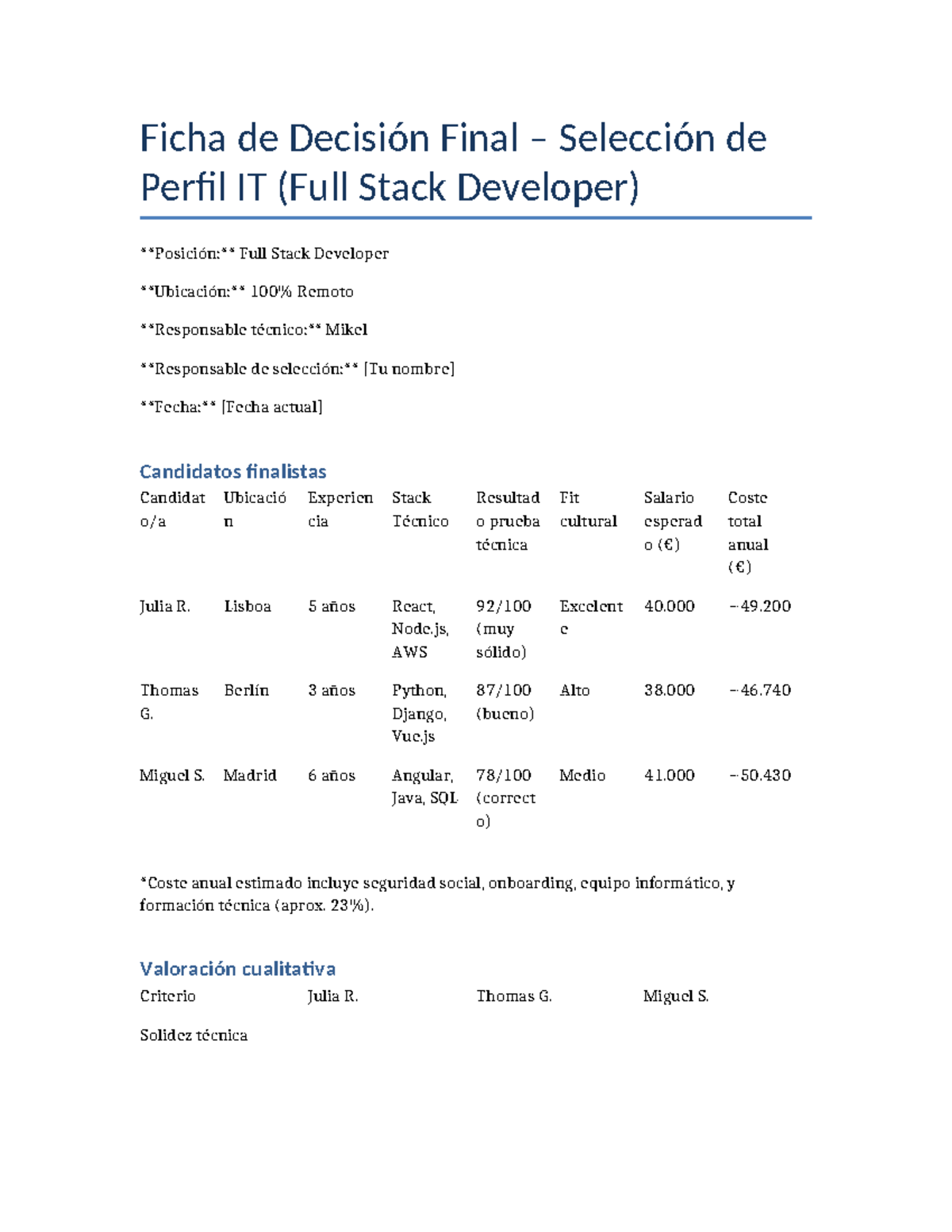 Ficha de Decisión Final: Selección de Perfil IT (Full Stack Developer) - Studocu