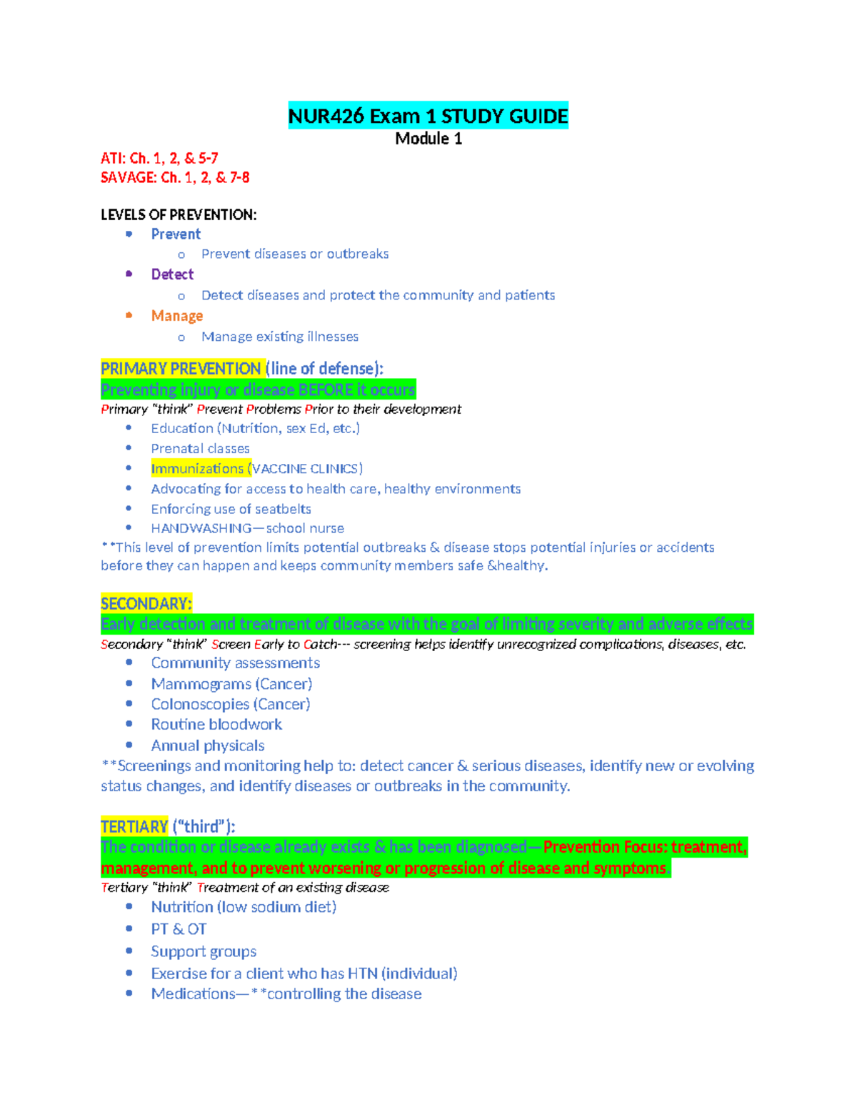 NUR 426 - Exam 1 Study Guide: Key Concepts & Prevention Strategies - Studocu