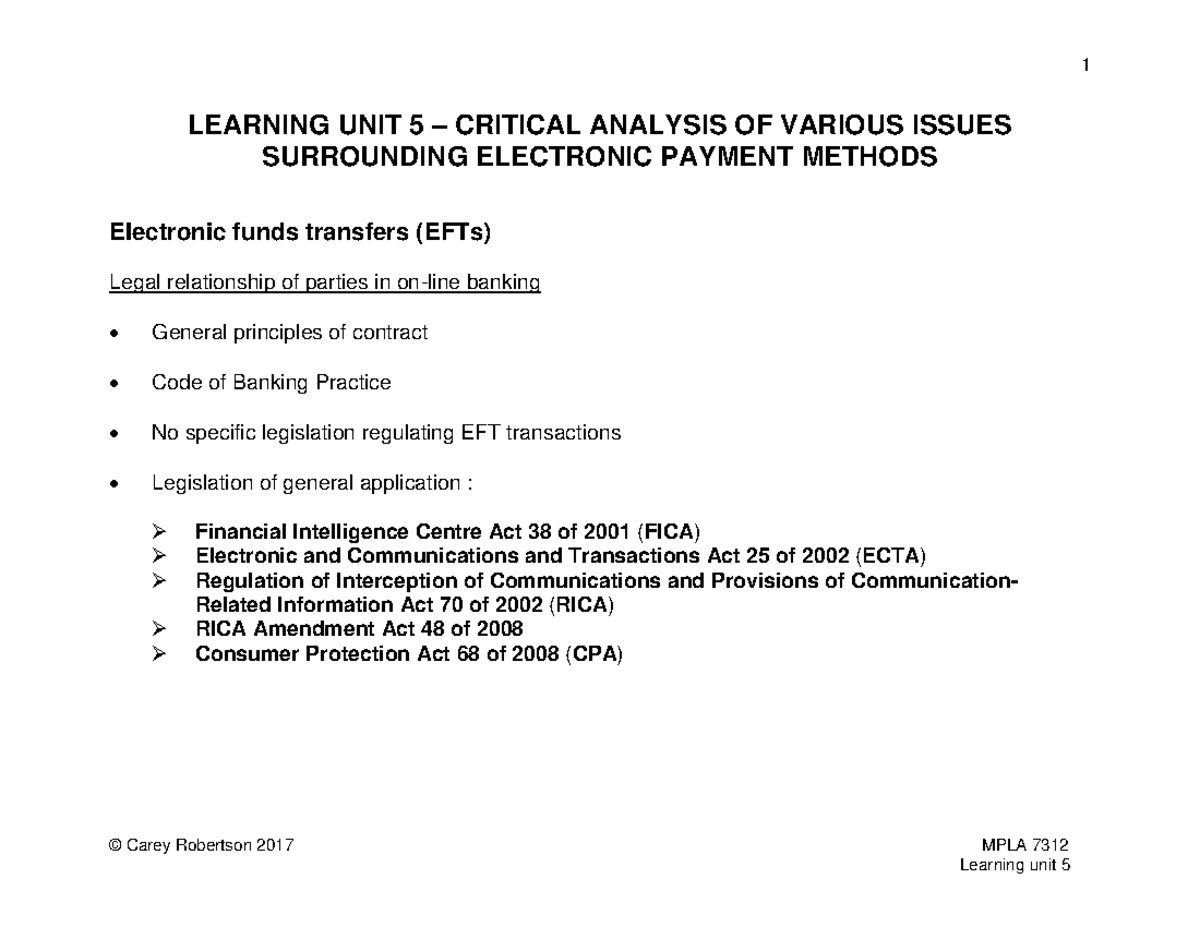 MPLA 7312 - Learning Unit 5: Critical Analysis of Electronic Payment Methods - Studocu