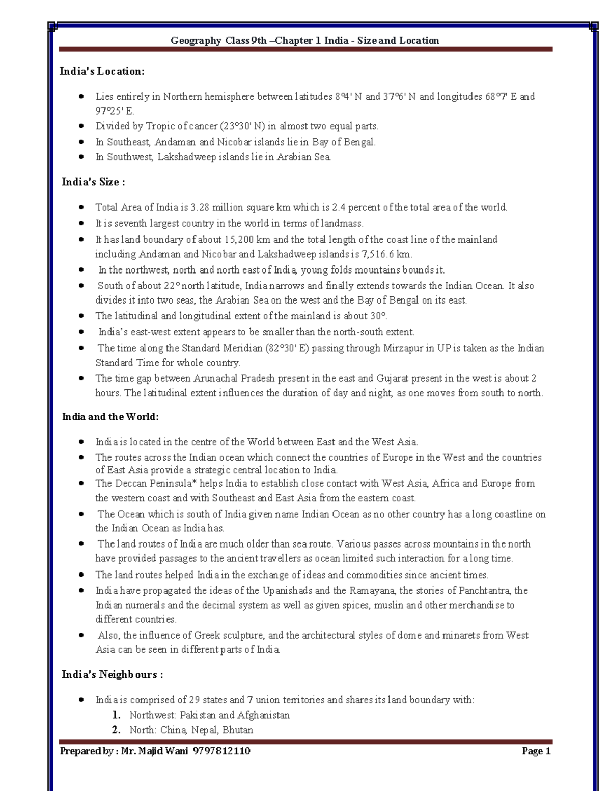 Geography Class 9: Chapter 1 - India’s Size & Location Notes - Studocu