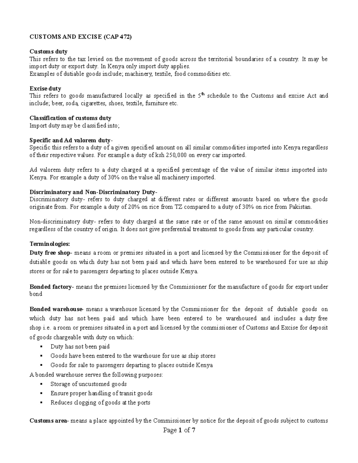 Customs and Excise (CAP 472) - Essential Simplified Notes - Studocu