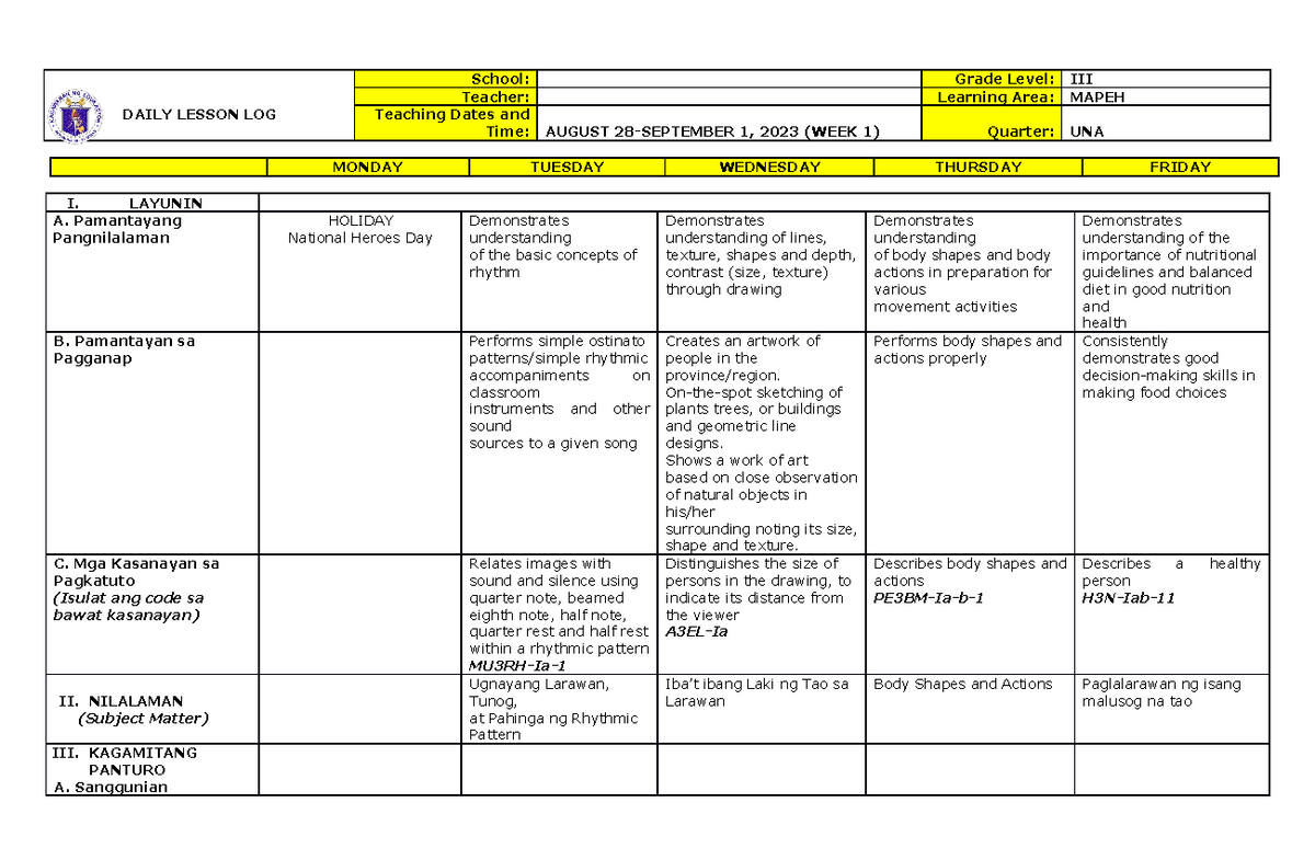 Mapeh - DAILY LESSON LOG School: Grade Level: III Teacher: Learning ...