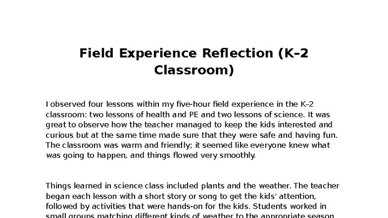 Field Experience Reflection: Classroom Observations (A-Latoya Hill ...