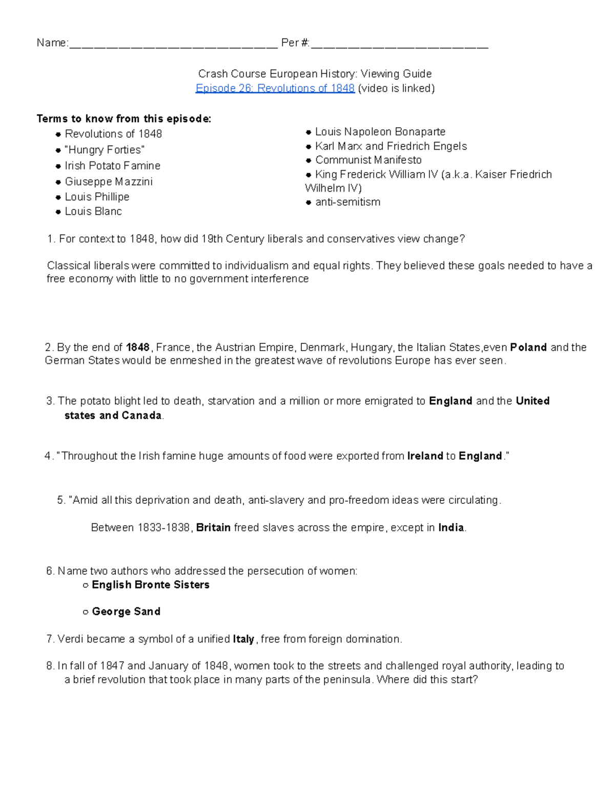 Revolutions of 1848 Viewing Guide - Crash Course Euro #26 - Studocu