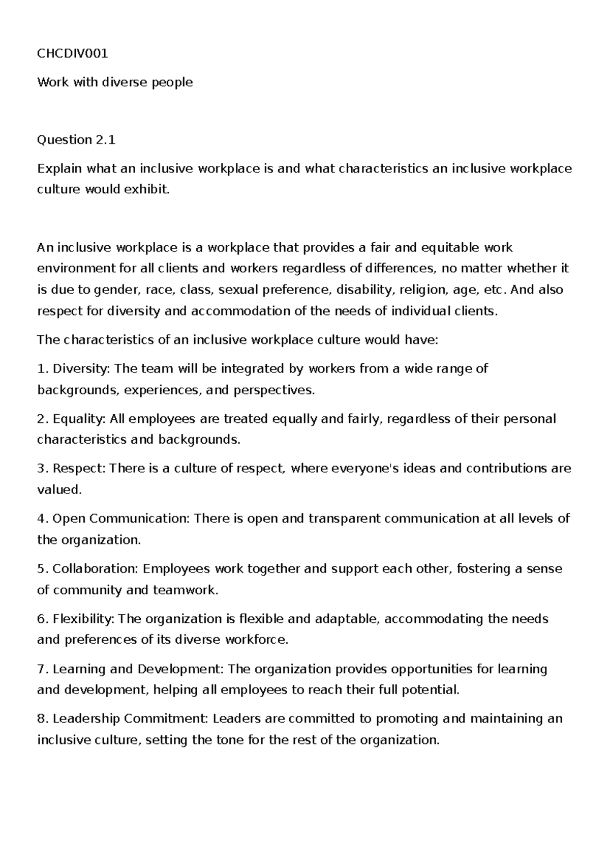 CHCDIV001 Inclusive Workplace Characteristics Explained - Studocu
