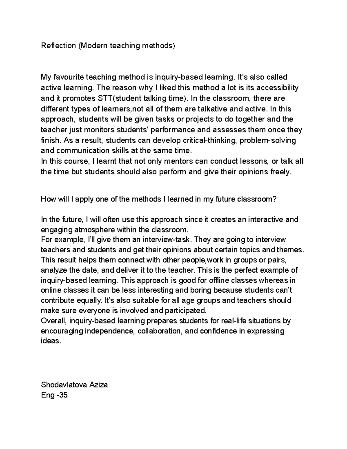 Reflection on Modern Teaching Methods: Emphasizing Student Talk Time ...