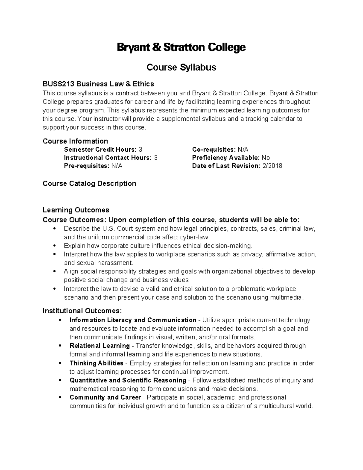 BUSS213 Business Law & Ethics Course Syllabus Overview - Studocu