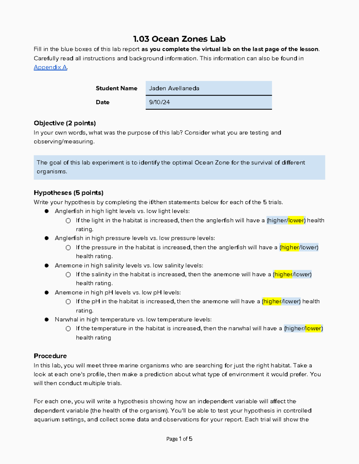 1 - Nun - 1 Ocean Zones Lab Fill in the blue boxes of this lab report ...