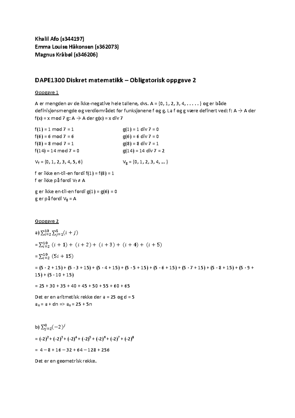 Obligatorisk oppgave 2- Diskret Matematikk - DAPE1300 - OsloMet - Studocu