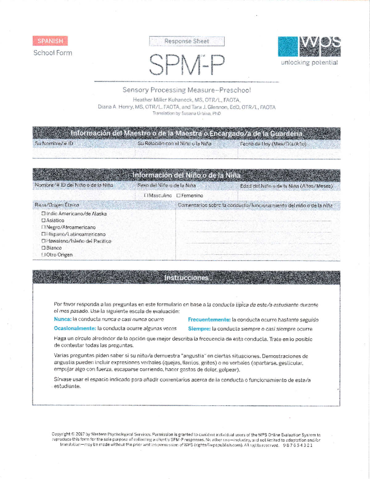 SPM-P 2-5 - Evaluación del Procesamiento Sensorial Infantil - Studocu