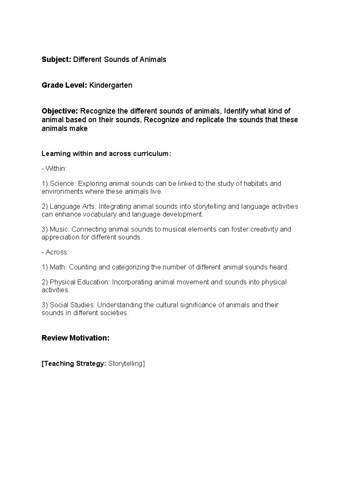 Lesson Plan: Recognizing and Mimicking Animal Sounds - Kindergarten ...