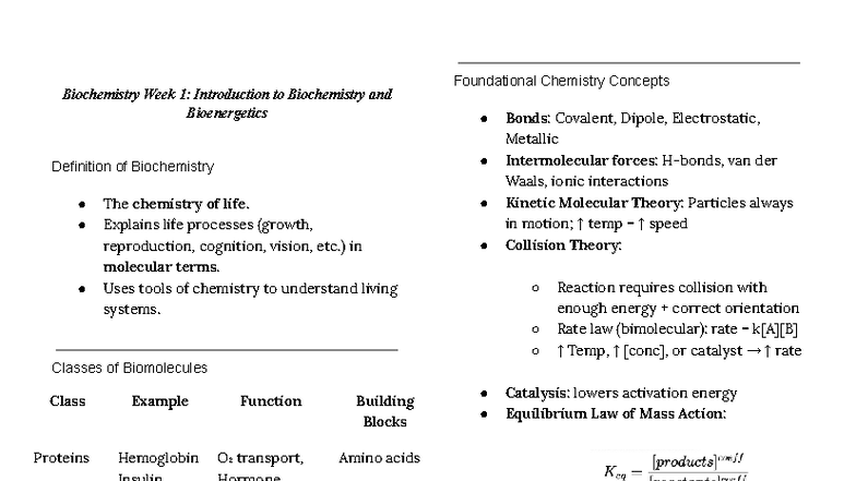Biochemistry 101: Week 1 - Intro to Biochemistry & Bioenergetics - Studocu