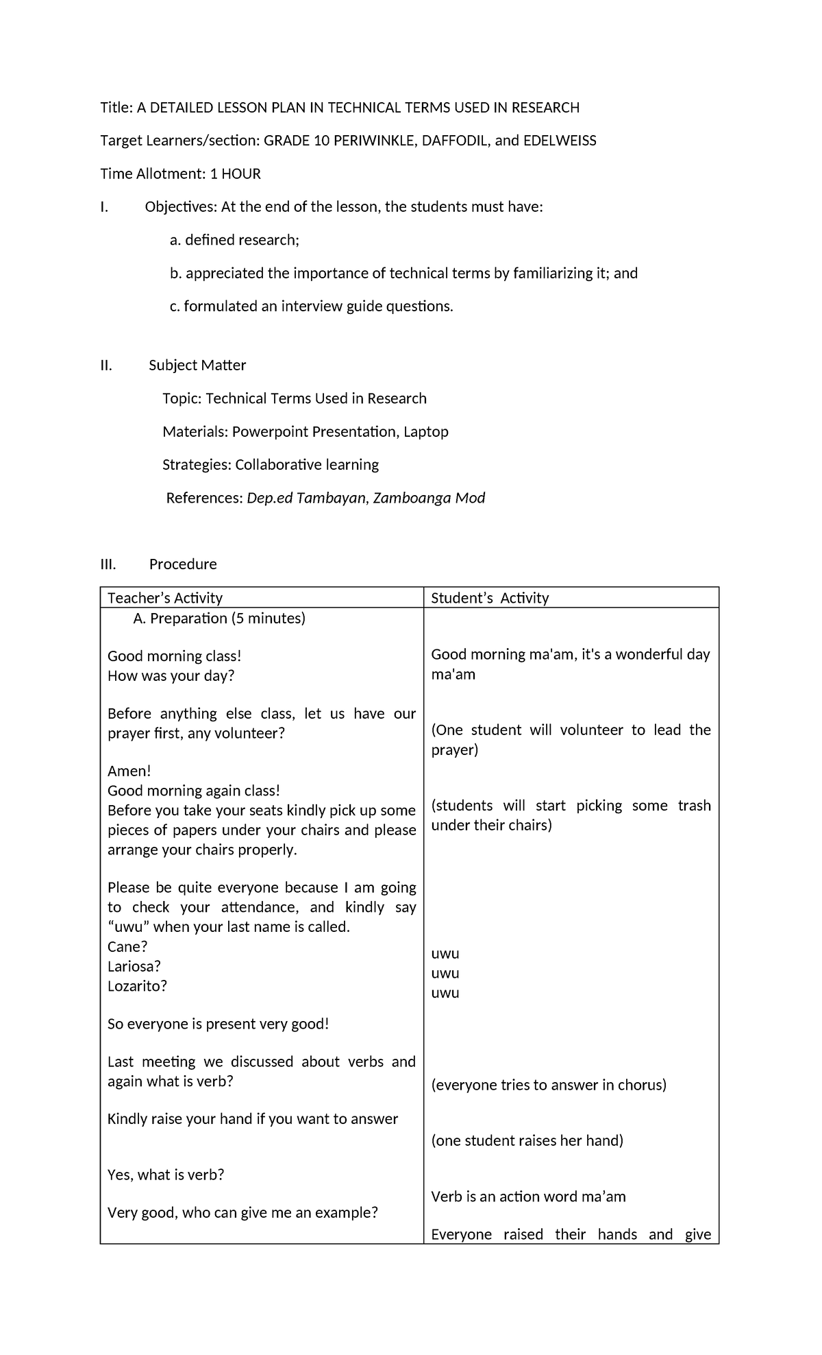 A DETAILED LESSON PLAN ON TECHNICAL TERMS IN RESEARCH (ENG10) - Studocu