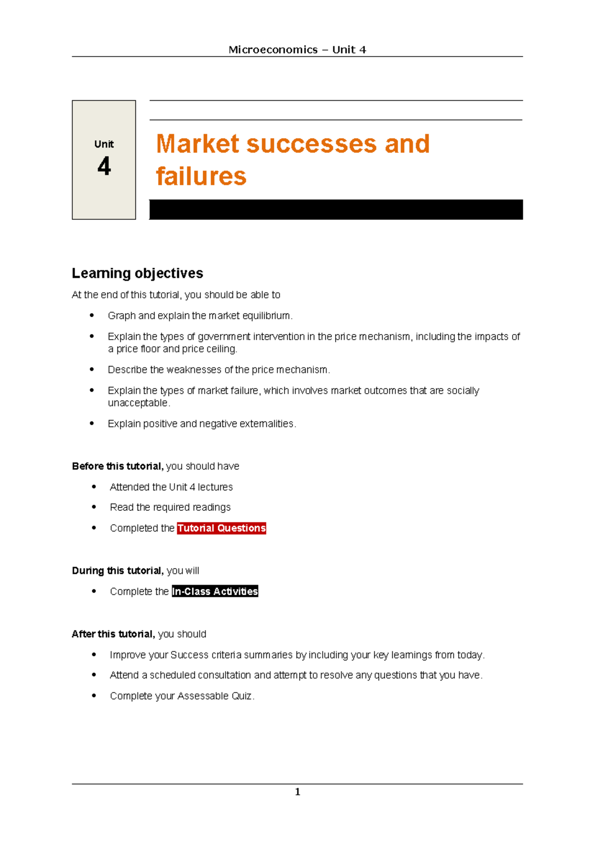 Microeconomics Unit 4: Market Successes and Failures Tutorial Guide ...