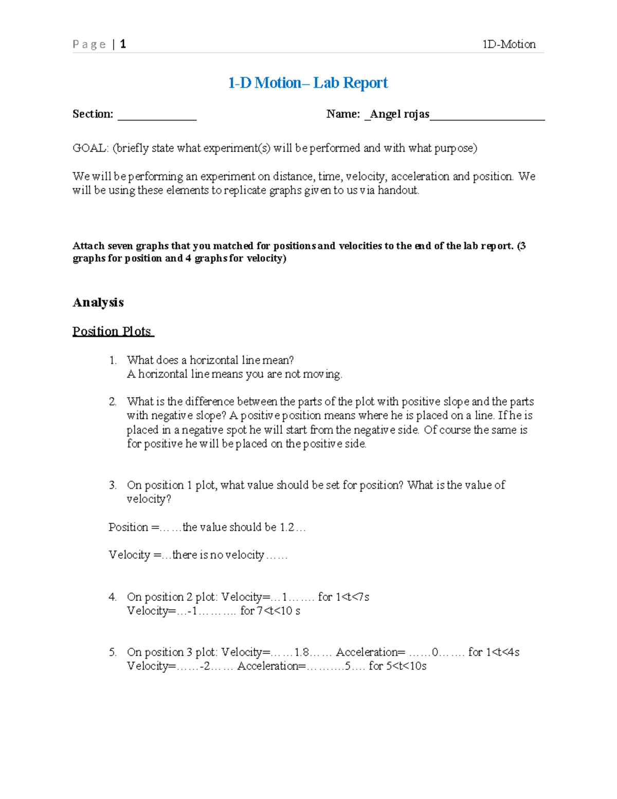 01 1D Motion Lab Report - Spring 2024 Analysis and Graphs - Studocu