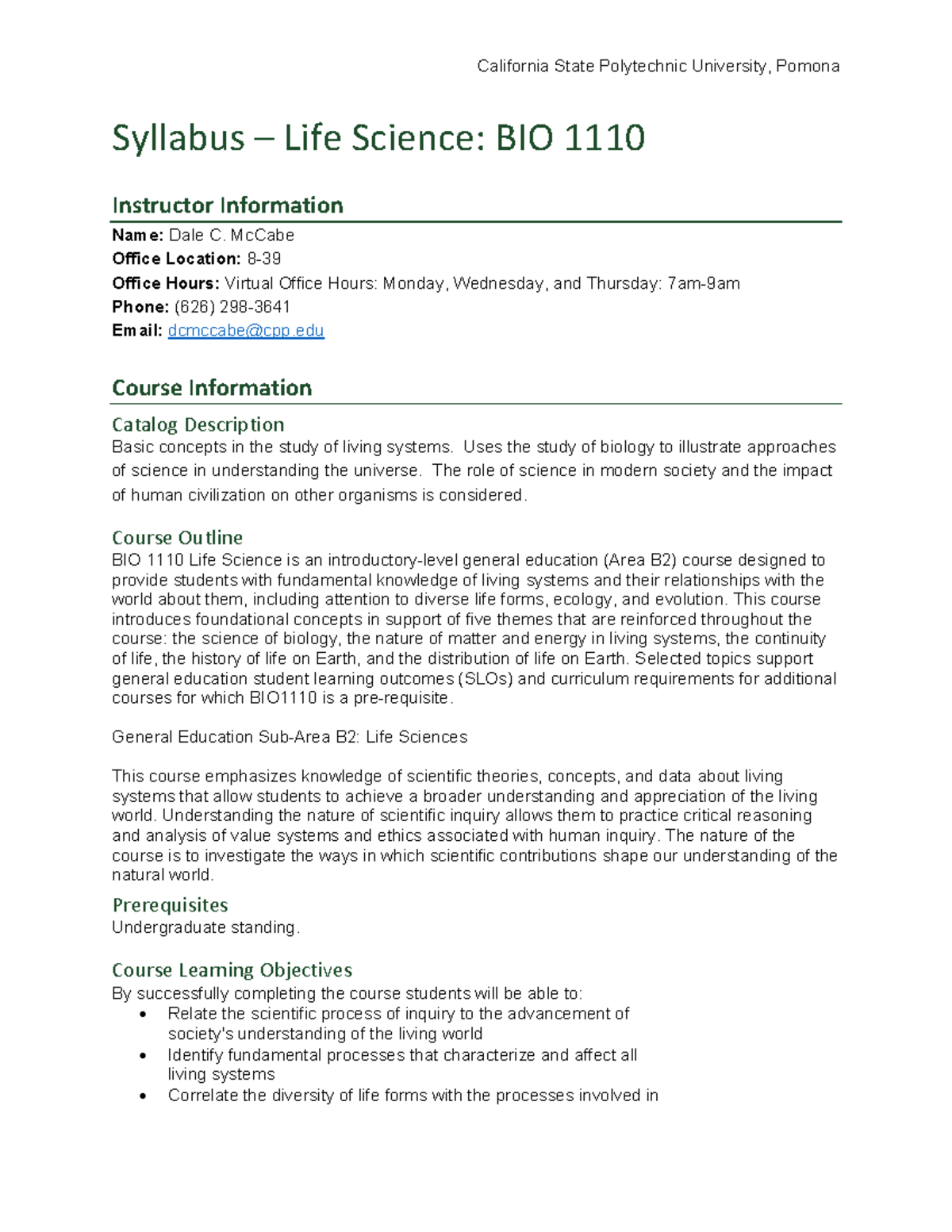 BIO1110 - Life Science Course Syllabus and Instructor Details - Studocu