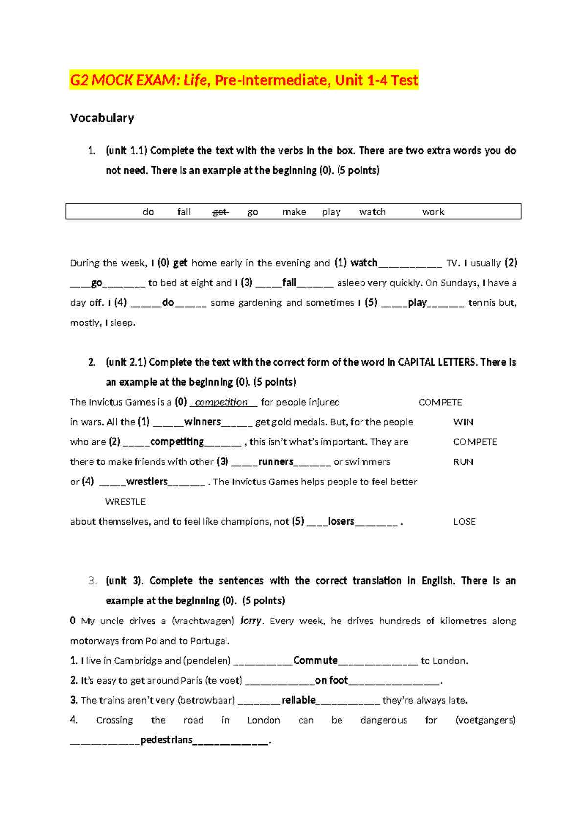 G2 MOCK EXAM: Life, Pre-Intermediate, Units 1-4 Review - Studeersnel
