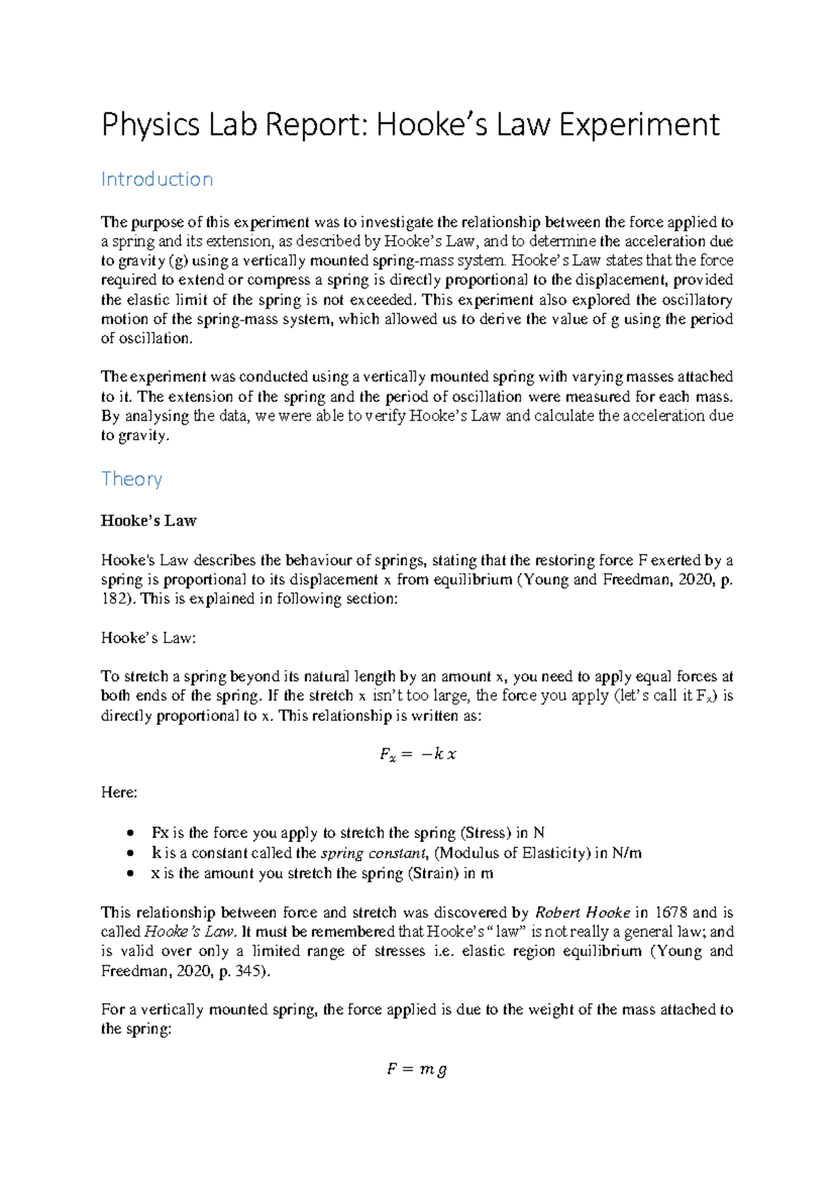 Physics Lab Report: Hooke's Law Experiment Analysis - Studocu