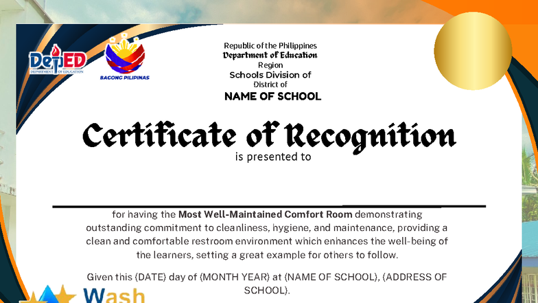 WINS Certificate - for recognizing the cleanest comfort room - NAME OF ...