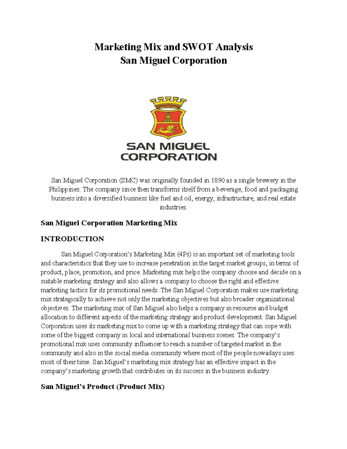 SMC Marketing Mix & SWOT Analysis: San Miguel Corporation Case Study - Studocu