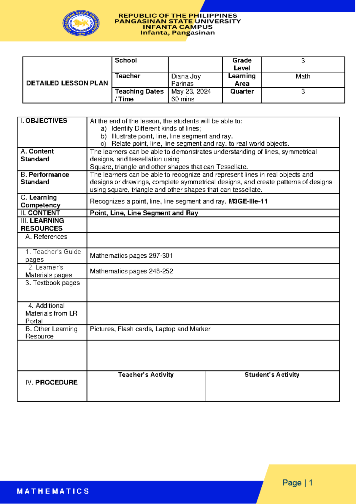 DLP Math - DETAILED LESSO PLAN IN MATHEMATICS - Page | 1 M A T H E M A ...