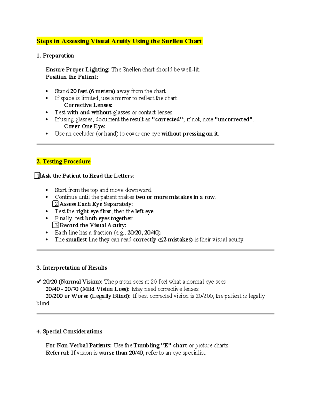 Assessing Visual Acuity with Snellen Chart: A Step-by-Step Guide - Studocu