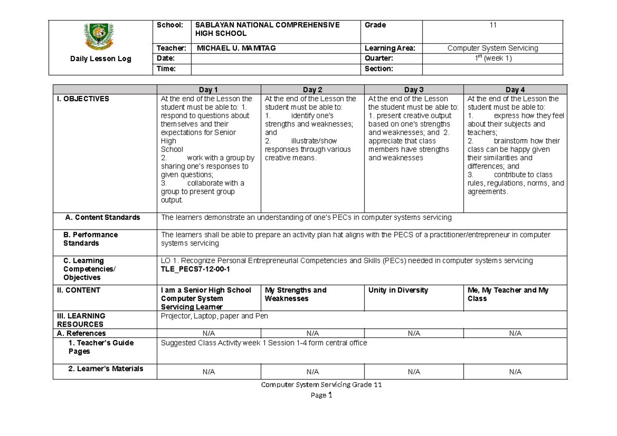 Daily Lesson Log: Computer System Servicing 11 (Week 1) - Studocu