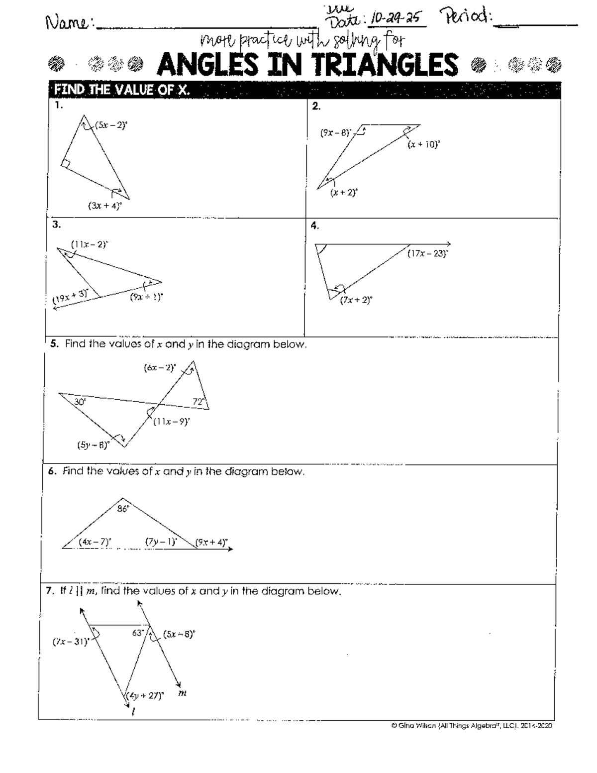WS L. 9.1: Angle Relationships in Triangles - Finding X and Y Values ...