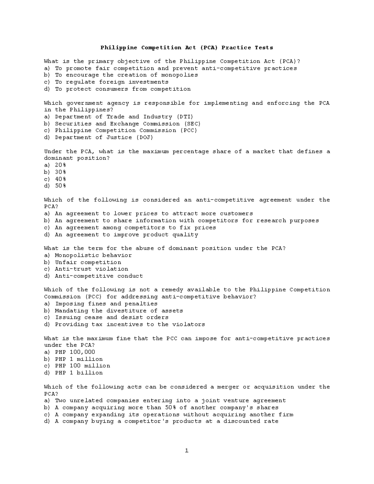 Philippine Competition Act (PCA) - Practice Test Questions and Answers ...