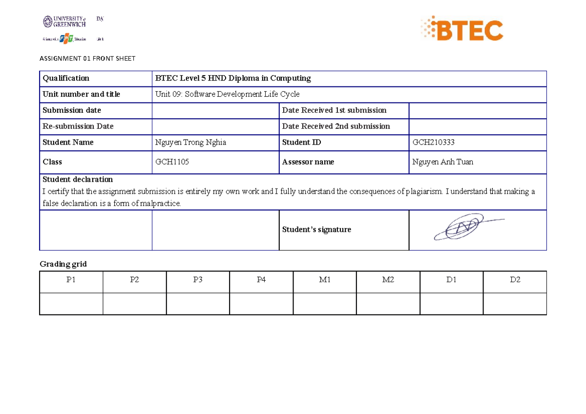 SDLC - du p r nhye - ASSIGNMENT 01 FRONT SHEET ####### Qualification ...