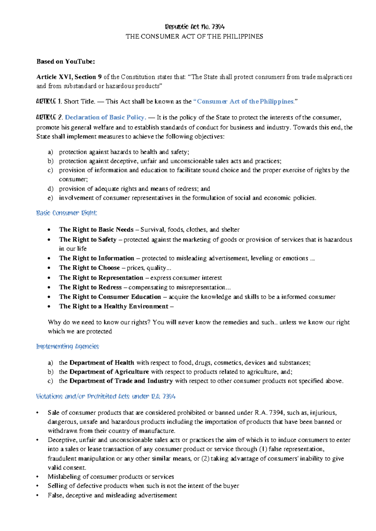 Consumer Act Notes (R.A. 7394): Rights and Violations Explored - Studocu