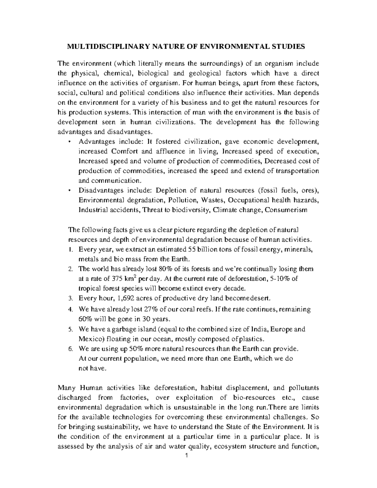 Unit 1: Multidisciplinary Approaches to Environmental Studies and ...