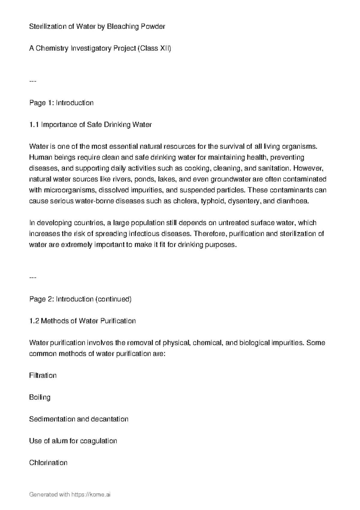 Chemistry Investigatory Project: Water Sterilization with Bleaching Powder - Studocu