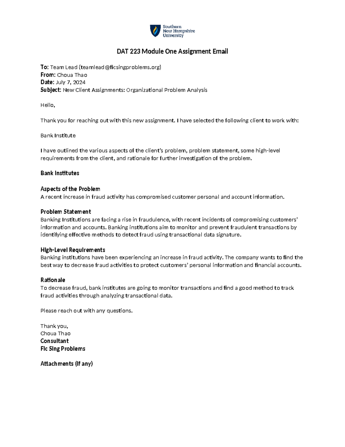 DAT 223 Module One Assignment: Client Problem Analysis - Studocu