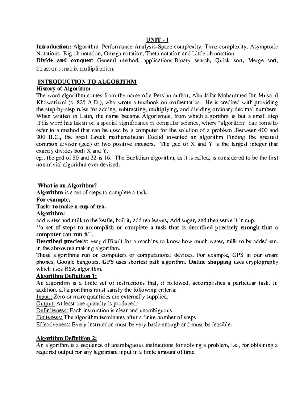 DAA UNIT 1: Introduction to Algorithms, Complexity & Performance ...