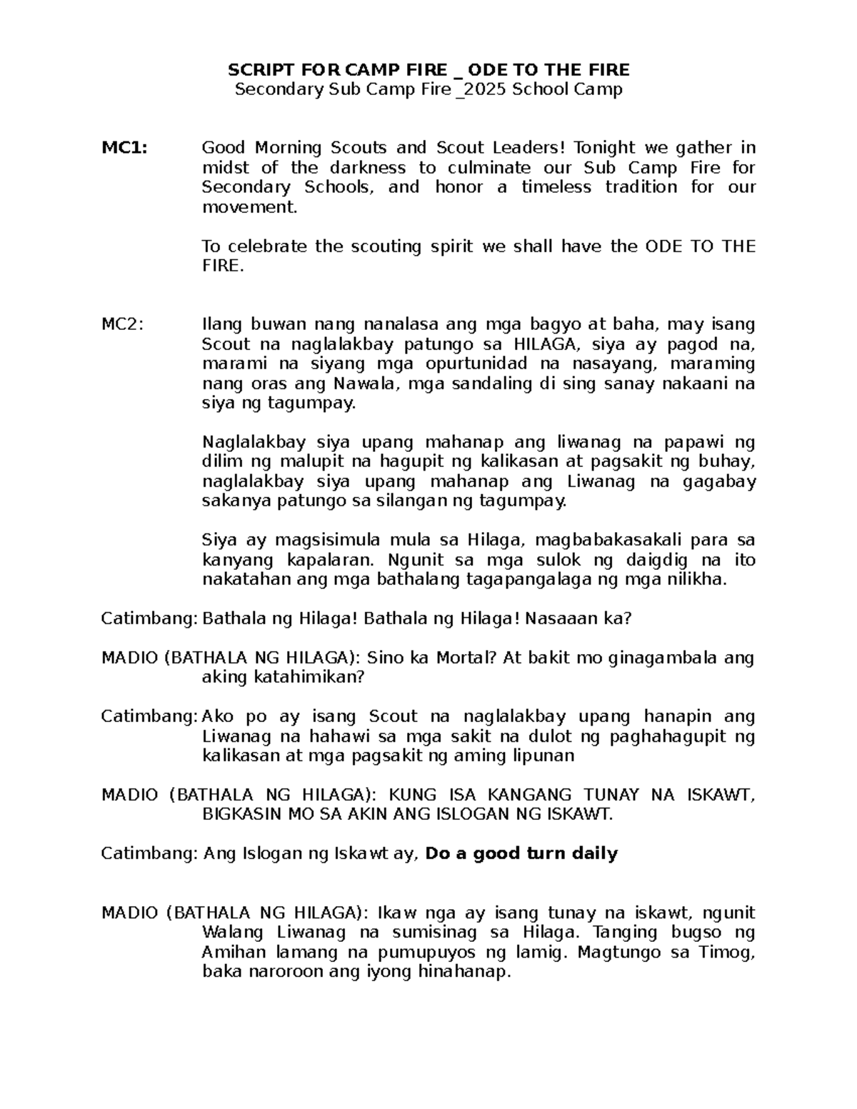 SCRIPT FOR ODE TO THE FIRE - SCHOOL CAMP 2025 - Studocu