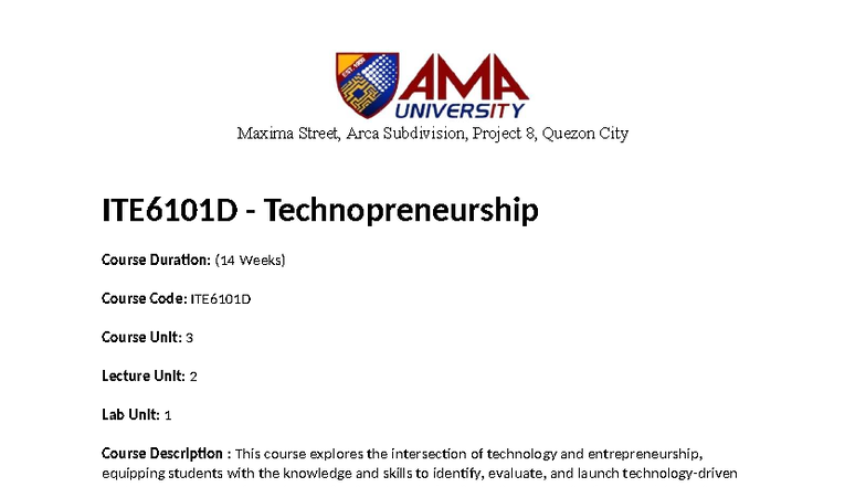 ITE6101D Technopreneurship Course Overview and Final Exam Guide - Studocu