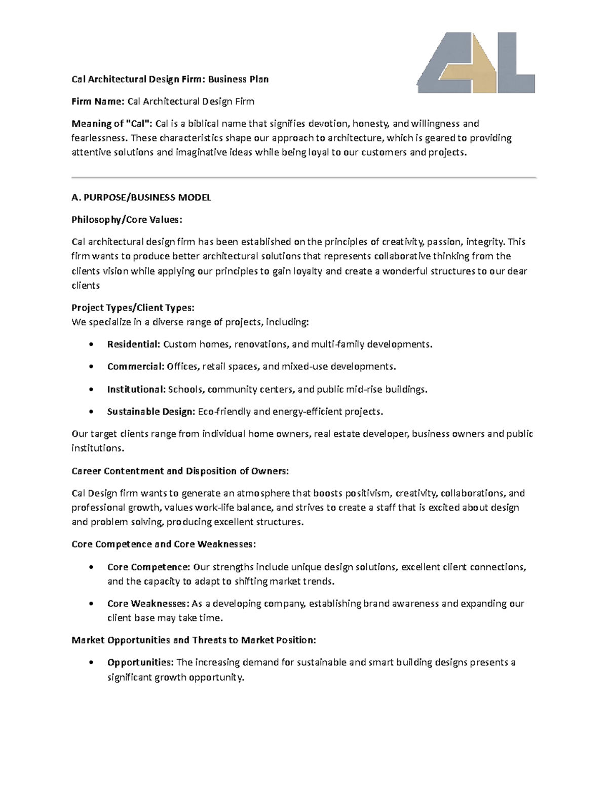 BM1 Prelims: Business Plan for Cal Architectural Design Firm - Studocu