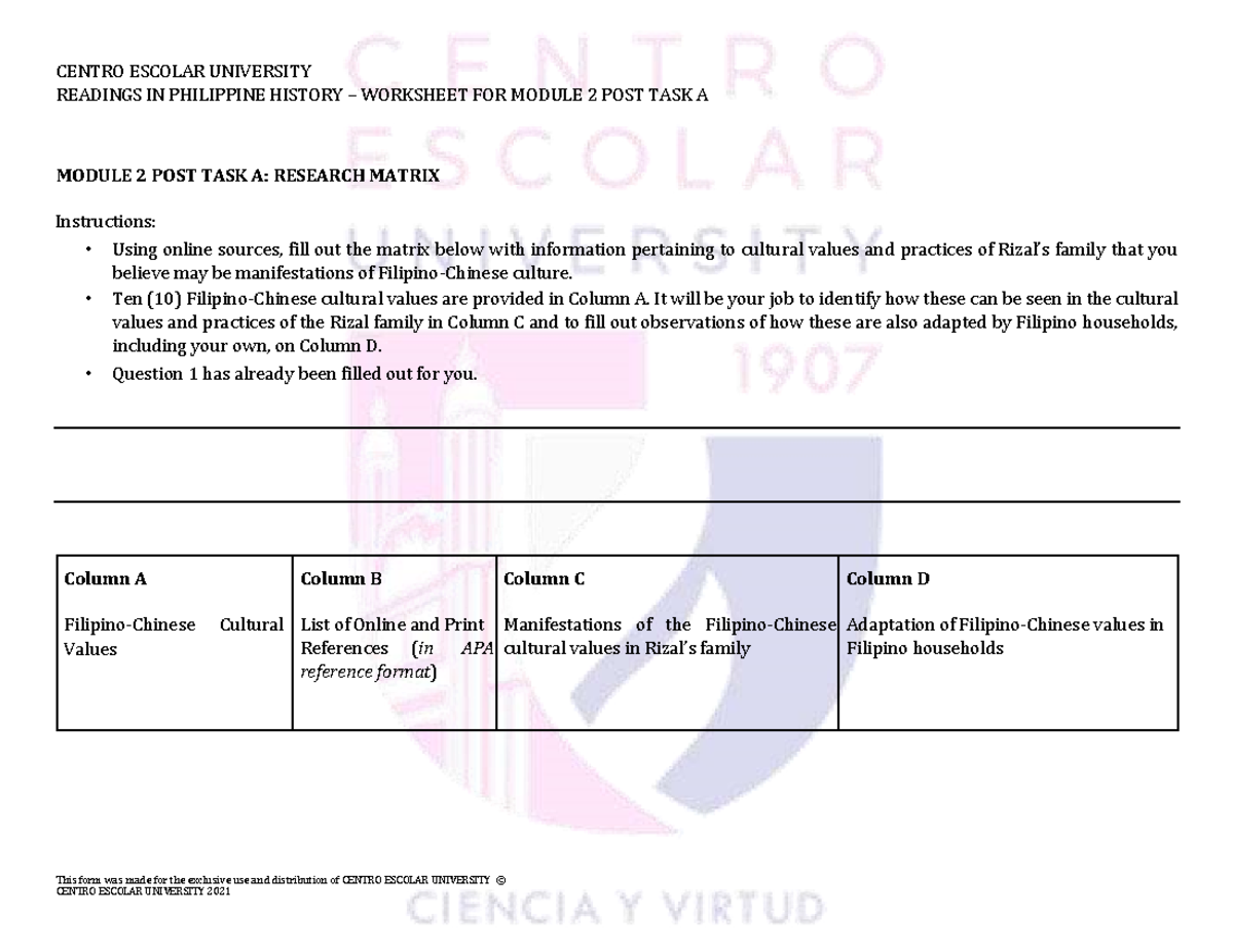 LWR M2POST TASK A - Life and Works of Rizal - READINGS IN PHILIPPINE ...