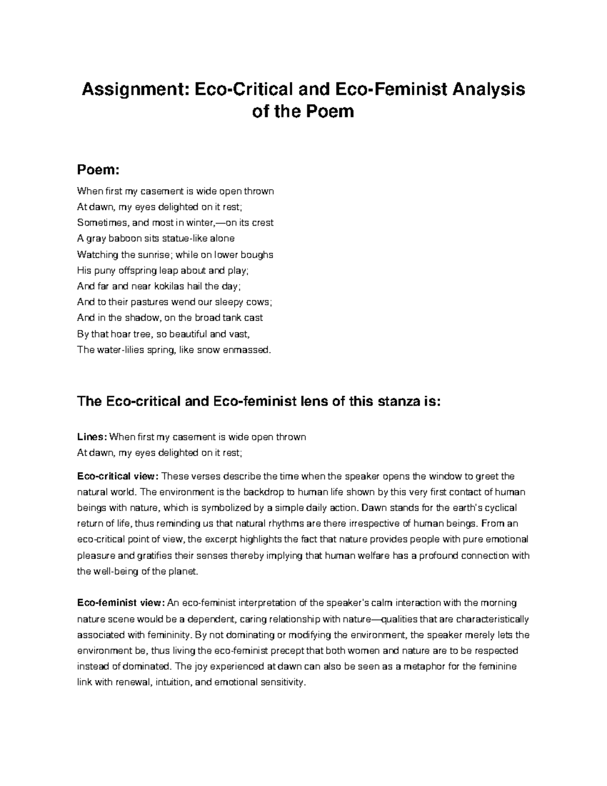 Eco-Lit Assignment: Analyzing the Poem "When First My Casement" - Studocu