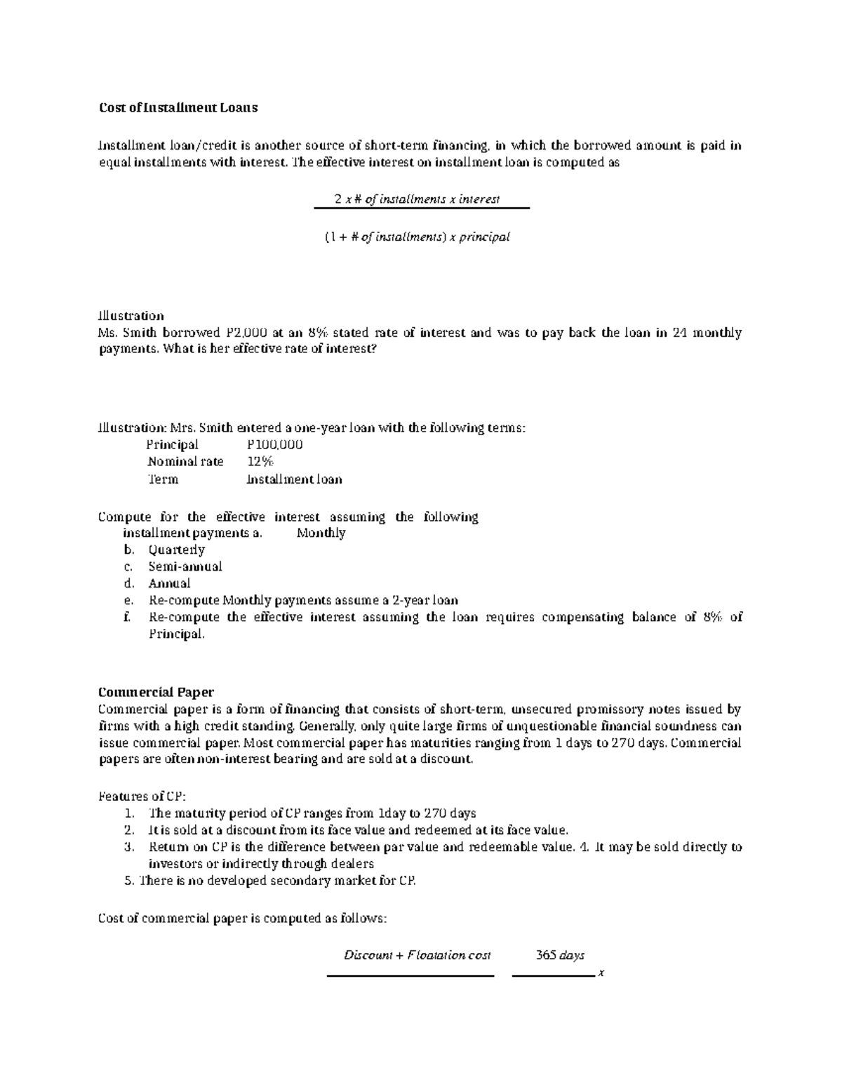 Short Term Financing: Installment Loans & Commercial Paper Guide - Studocu