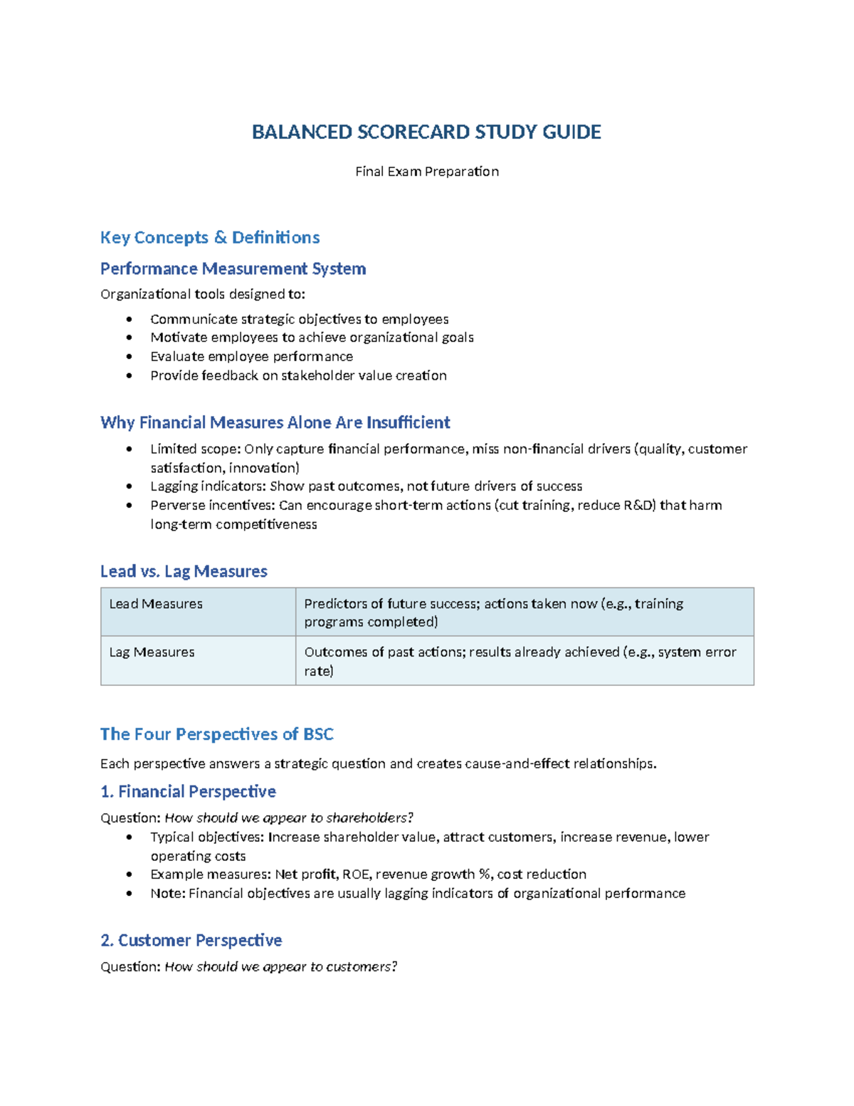 Balanced Scorecard Study Guide: Key Concepts for Final Exam Prep - Studocu