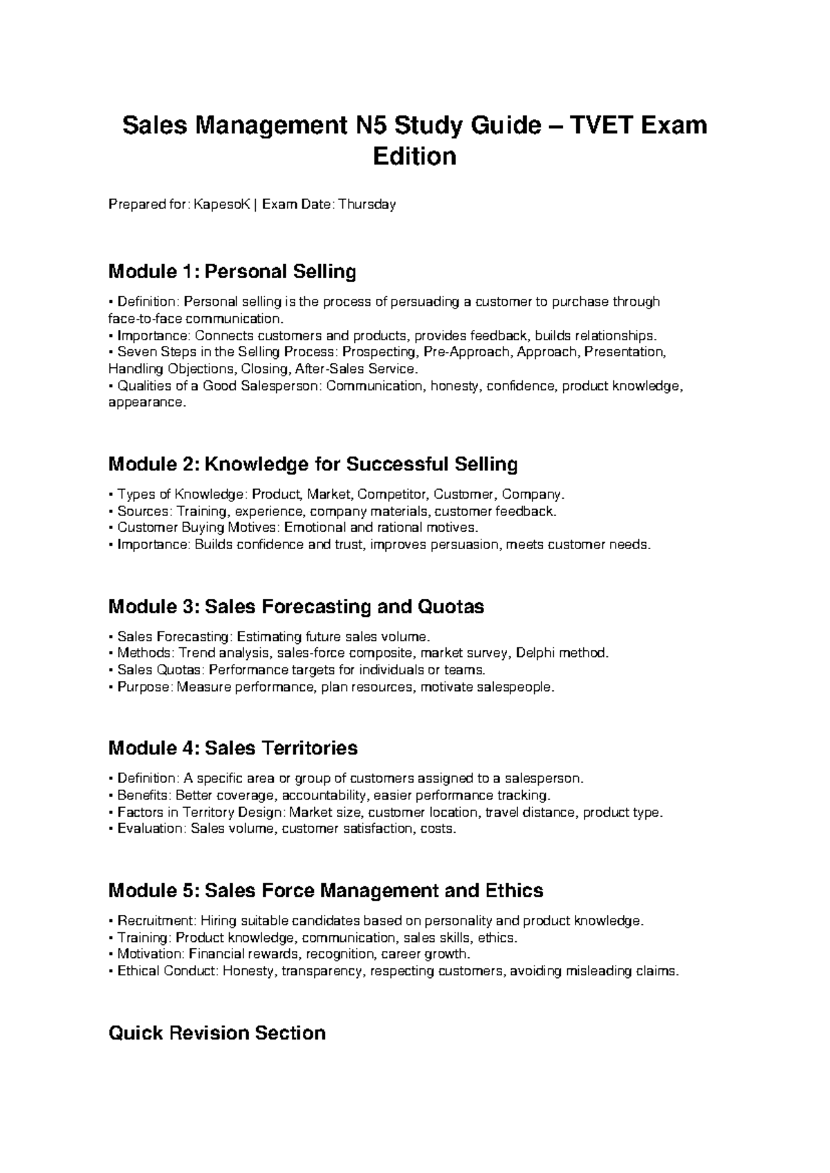 Sales Management N5 Study Guide: Key Concepts for TVET Exam - Studocu