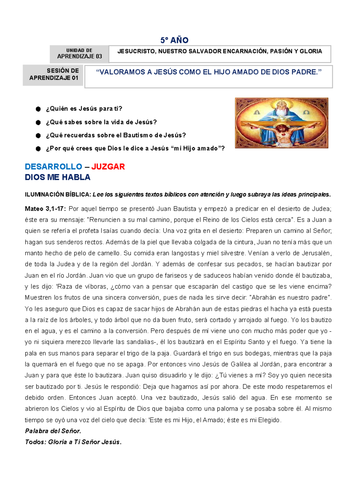 5TO - Unidad 03 - Jesús: Hijo Amado de Dios y Su Misión - Studocu