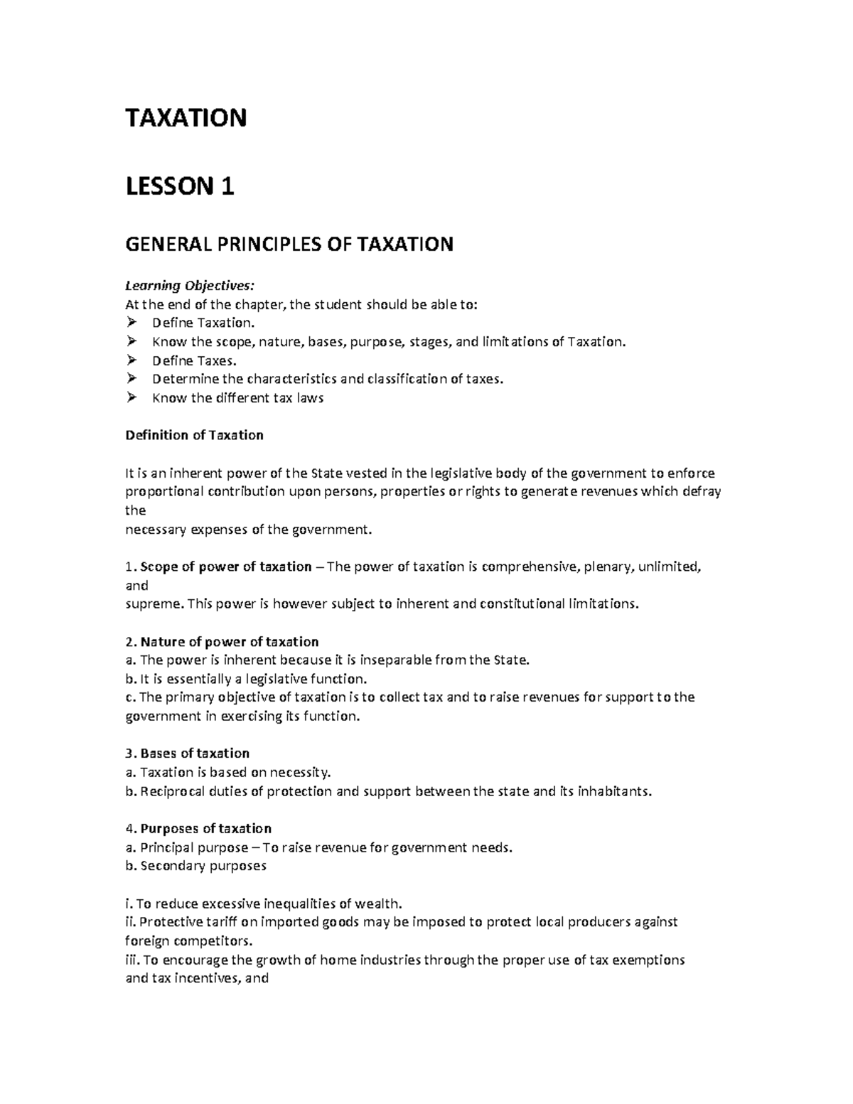 Taxation - Lecture on General Principles and Characteristics - Studocu