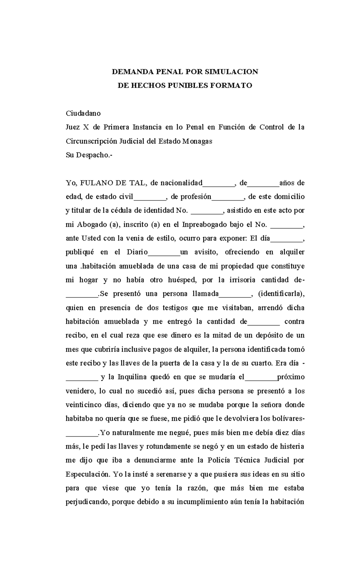 Demanda Penal por Simulación: Análisis y Formato Legal - Studocu