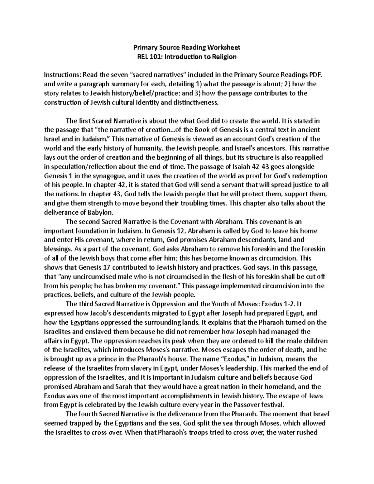 Sacred narratives analysis - Primary Source Reading Worksheet REL 101 ...