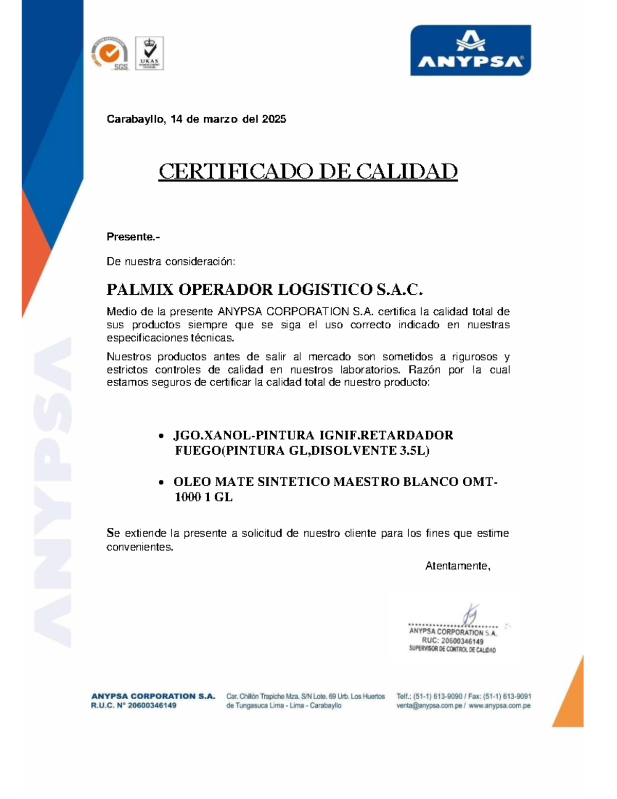 Certificado de Calidad para Pinturas Ignífugas de ANYPSA S.A. - Studocu